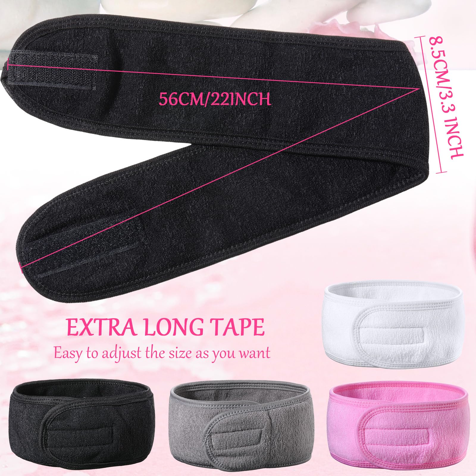 24 Pcs Spa Headband Bulk Makeup Facial Headband for Washing Face, Terry Cloth Headband Head Wraps for Facials, Adjustable Stretch Towel with Hook and Loop Non Slip, White, Pink, Grey, Black