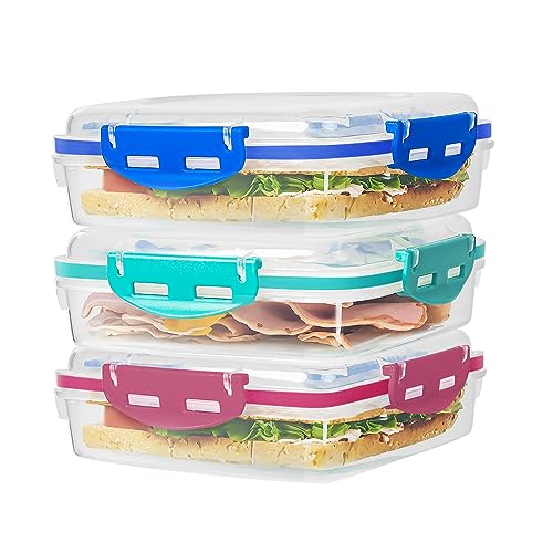3 PCS Sandwich Containers - 100% Airtight & BPA-Free & Microwave and Dishwasher Safe Kitchen Storage Containers with Upgraded Snaps, Included 3 Different Color Sandwich Containers for Lunch Boxes