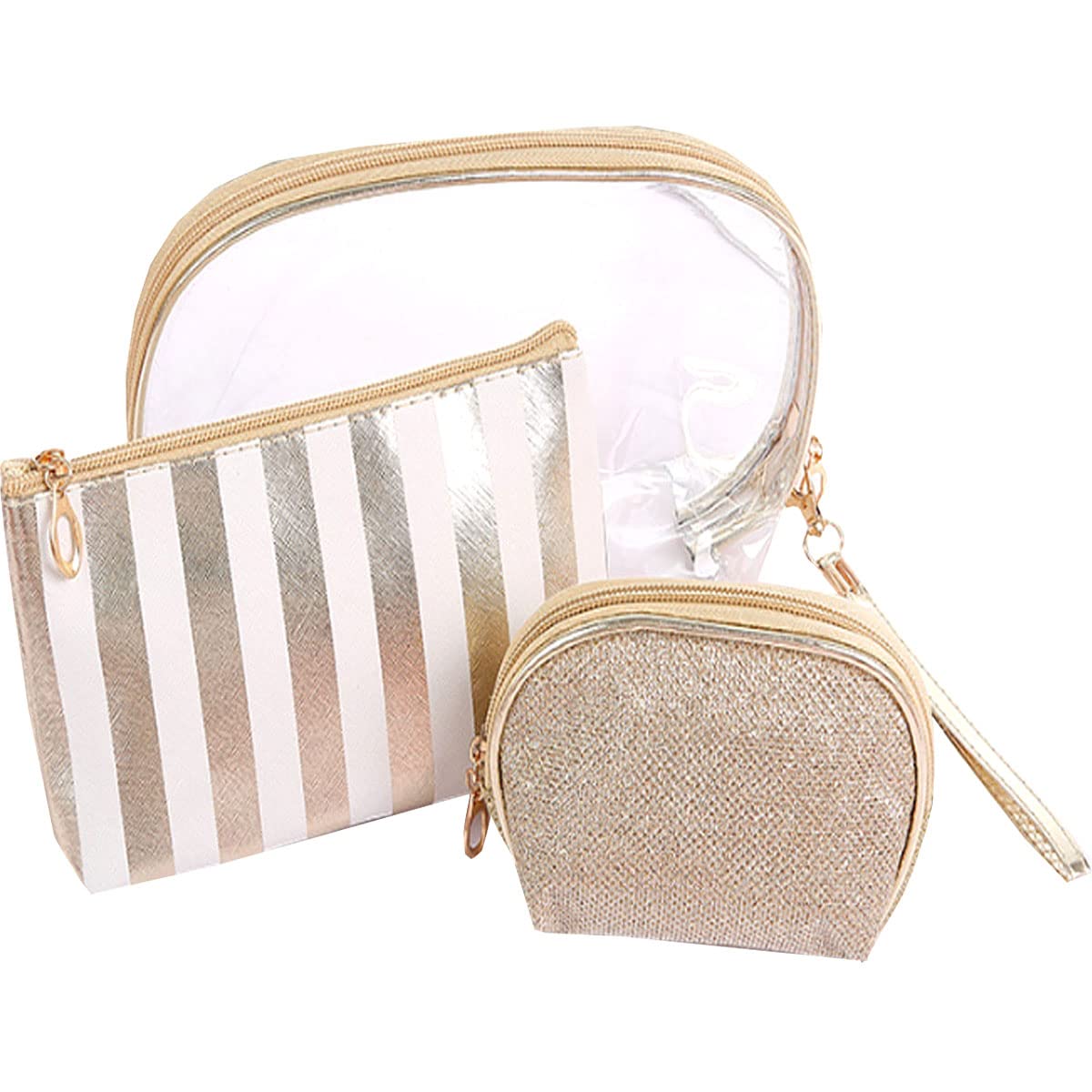 HappyDaily 3 Pack Beautiful and Multifunctional waterproof Makeup cases or Cosmatic bags or Travel Toiletry Pouch or Storage bags or Purse for Women Girls (3, Gold Stripe)