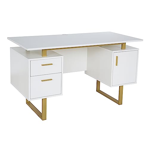 Techni Mobili Storage Drawers and Cabinet 51.25β W-Modern Office Large Floating Desktop Surface Desk, 23.6" D x 51.2" W x 29.8" H, White/Gold