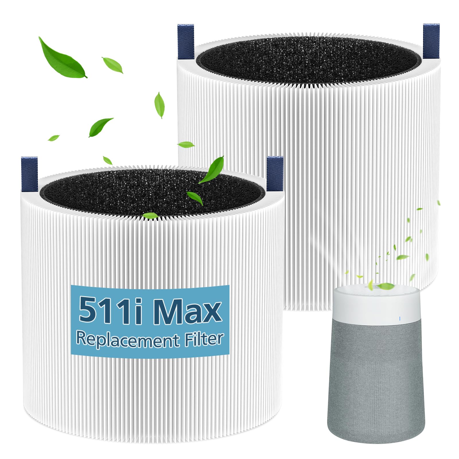 511i Max Replacement Filter Compatible with BLUEAIR Blue Pure 511i Max Air Purifi-er, 3-IN-1 H13 True HEPA Filter and Activated Carbon Filtration System, Perfect Fit for 511i Max, 2 Pack, White