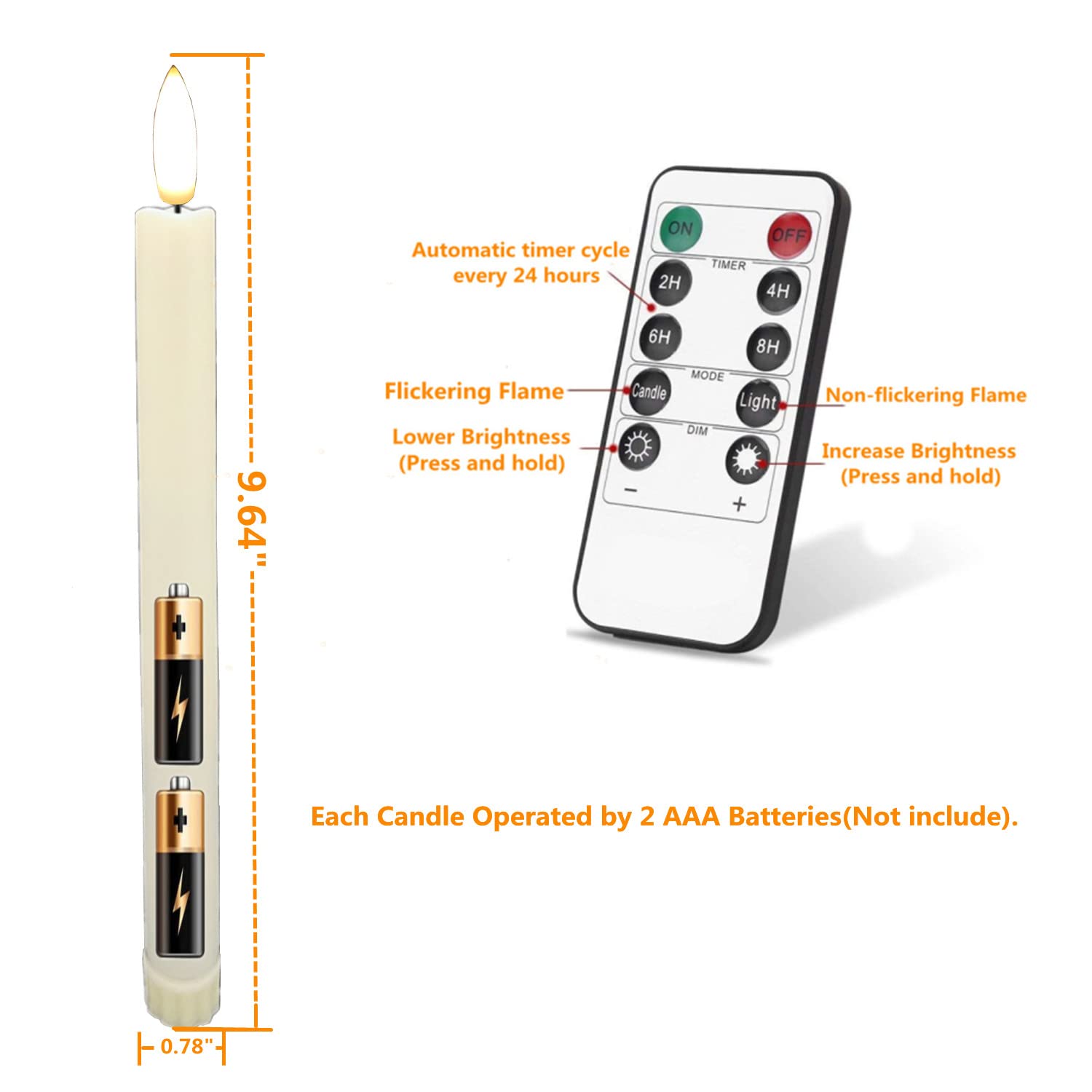 3D Black Wick Led Battery Operated Flameless Taper Candles Light with Remote Timer, Electric Fake Window Candle Flickering Like Real Wax, Flameless Ivory Candle Stick for Christmas/Home/Wedding
