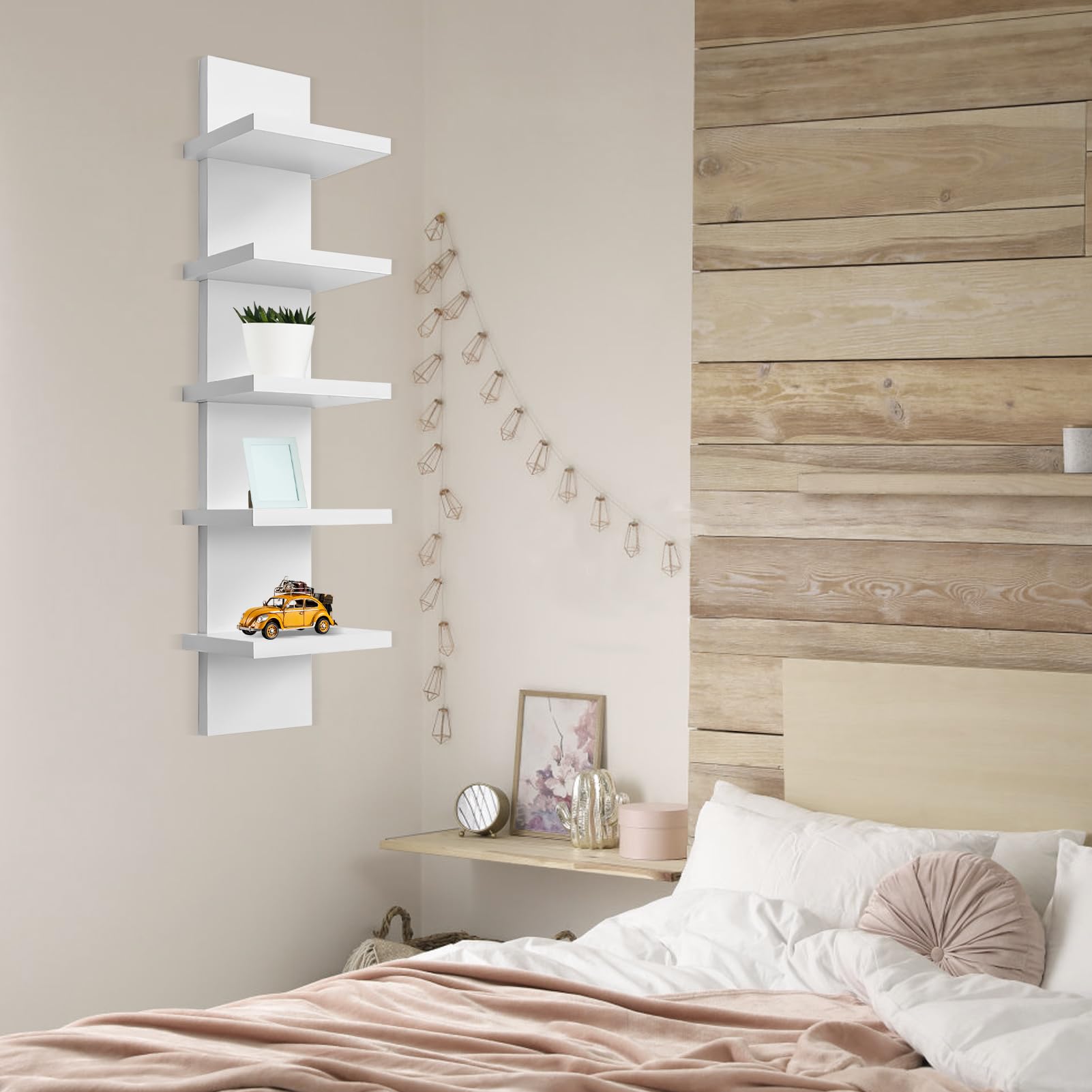 5 Tier Wall Shelf Unit - Narrow Smooth Laminate Finish - Vertical Column Wall Decor Mount Floating Storage Home Decor Organizer Tall Tower Utility Shelf for Bedrooms, Bathrooms,Living Rooms(White)
