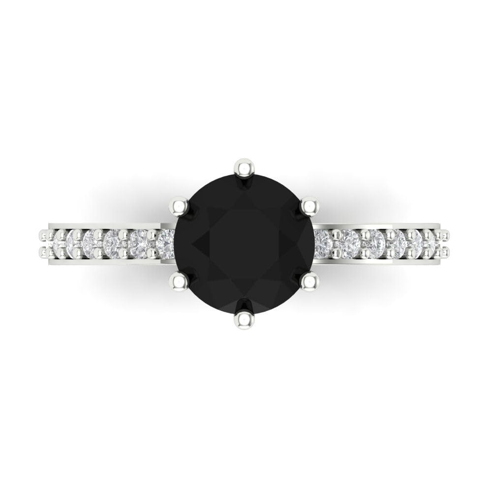 2.06 Brilliant Round Cut Solitaire Natural Black Onyx Accent Bridal Wedding Statement ring Solid 18K White Gold Size 7