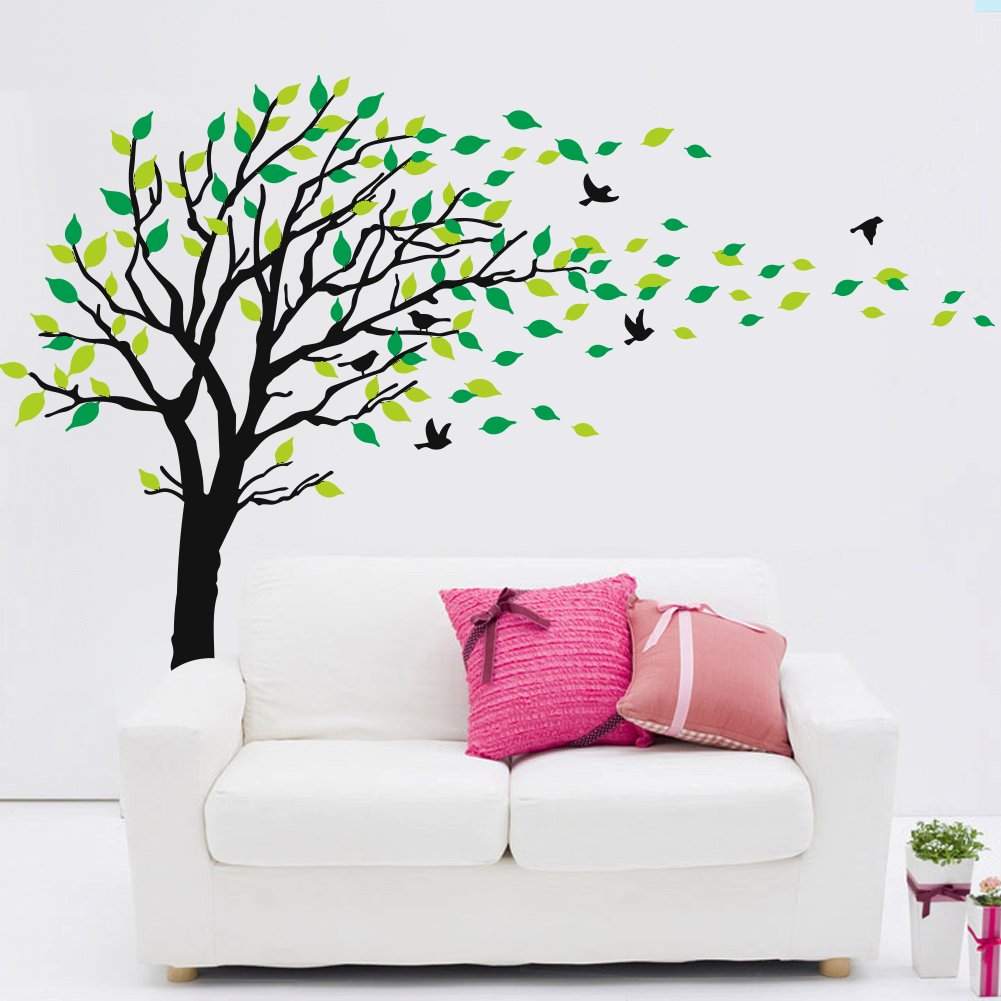 Large Tree Blowing in The Wind Tree Wall Decals Sticker Wall Mural Removable DIY Wall Sticker Vinyl Art Kids Rooms Teen Girls Boys Wallpaper Nursery Room Decor (Black and Green,Right)