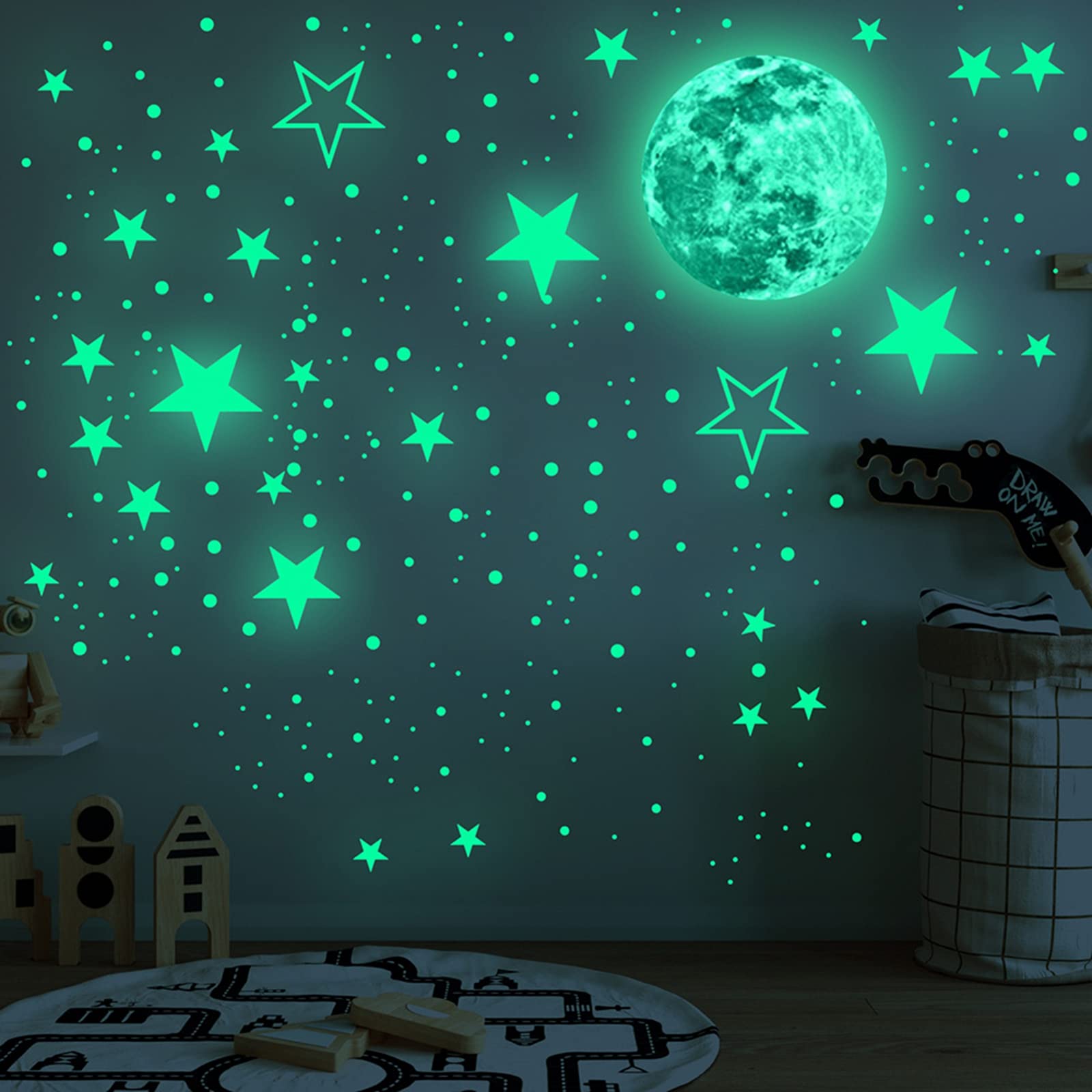 Sursarbelor Luminous Φ30cm Big Moon and Stars Dots Wall Stickers, 435 Pieces Glow in The Dark Stickers, Wall Ceiling Sticker Decals for Home Party Kids Room Decorations