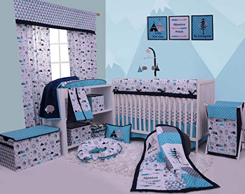 Bacati Woodlands Boys Cotton Changing Pad Cover, Aqua/Navy/Grey