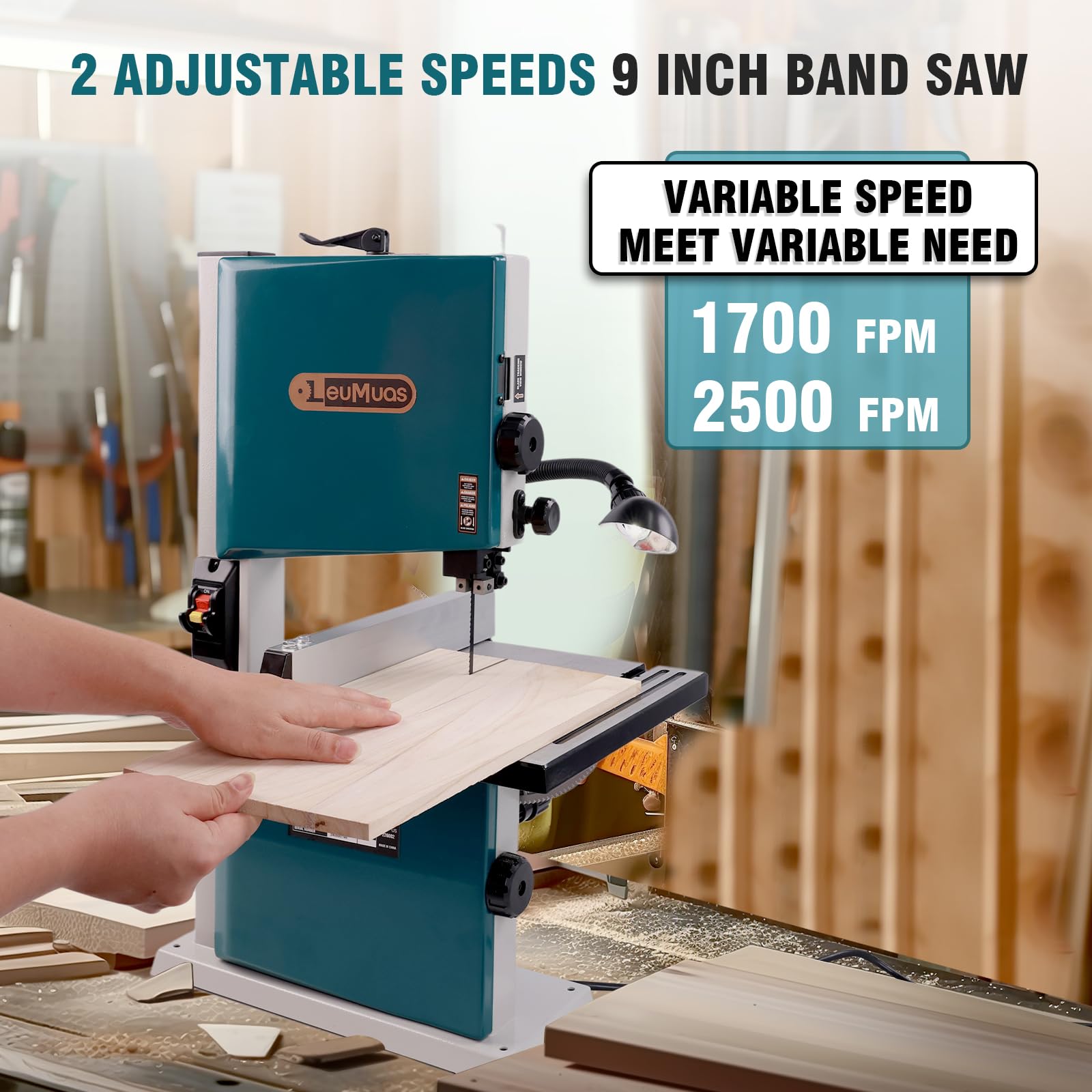 3 Amp 9-Inch Benchtop Band Saw, 2-Speed(1700/2500FPM)with 360° Work Light, Miter Gauge & Rip fence, Steel Base, Band Saws for Woodworking