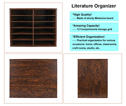PAG Wood Desktop Literature Organizer Adjustable File Sorter Mail Center Magazine Holder Paper Storage Cabinet Classroom Keepers Mailbox for Office Home School, 12 Compartments, Brown