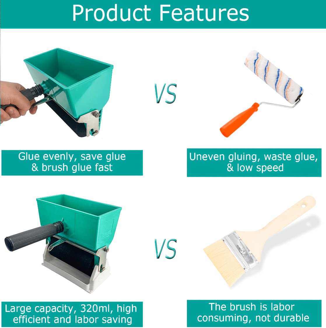 6 Inch Portable Glue Applicator Roller with Paint Bucket Handheld Manual Adhesive Glue Spreader with 2 Foam Wheels for Carpenter Woodworking, 10.5oz(320ml)