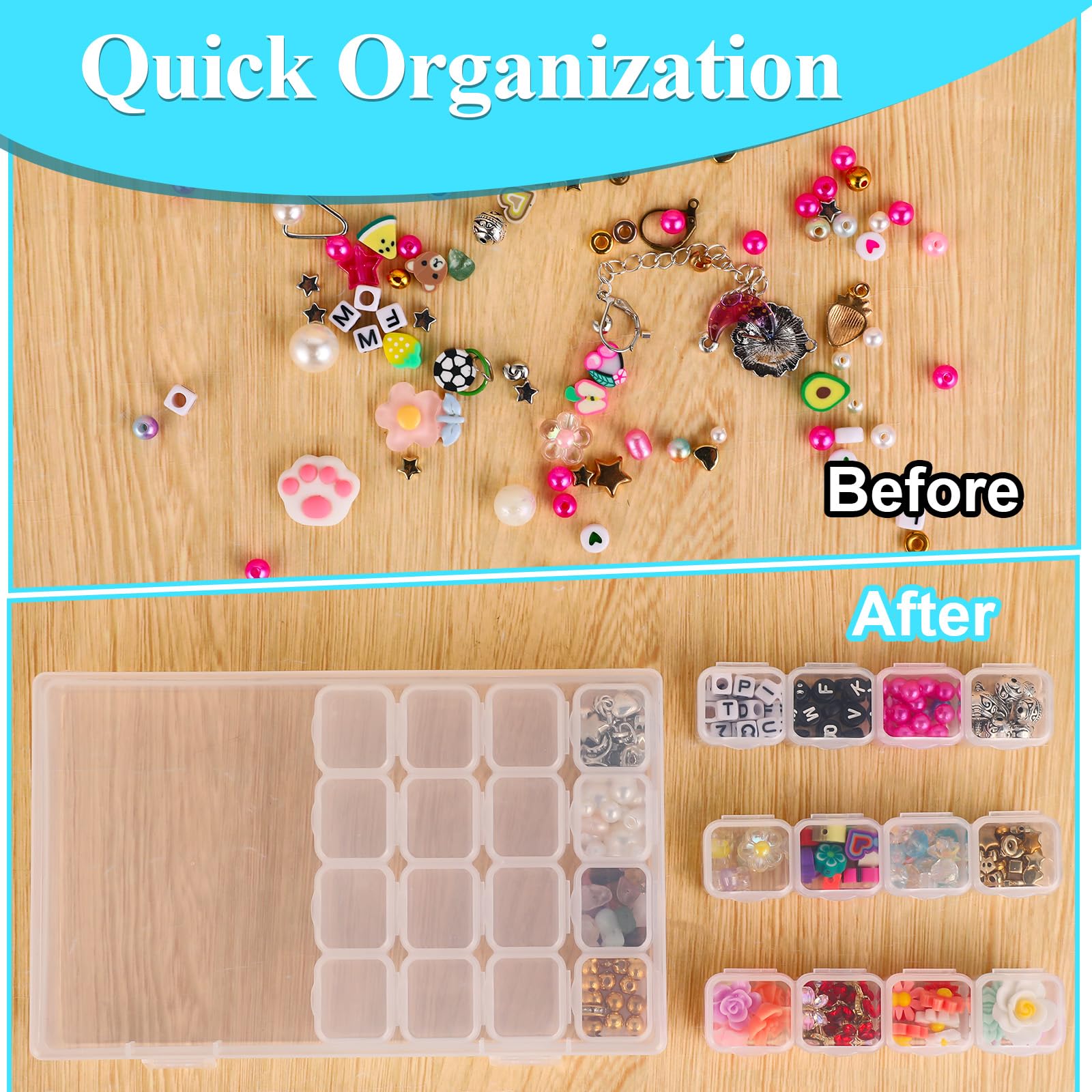 28 PCS Nail Charm Storage, Organizer Bead Storage Containers Mini Clear Boxes with Hinged Lid Bead Box Organizer Plastic Storage Cases Large Rectangle Organizing Box for Jewelry Making Craft Supplies