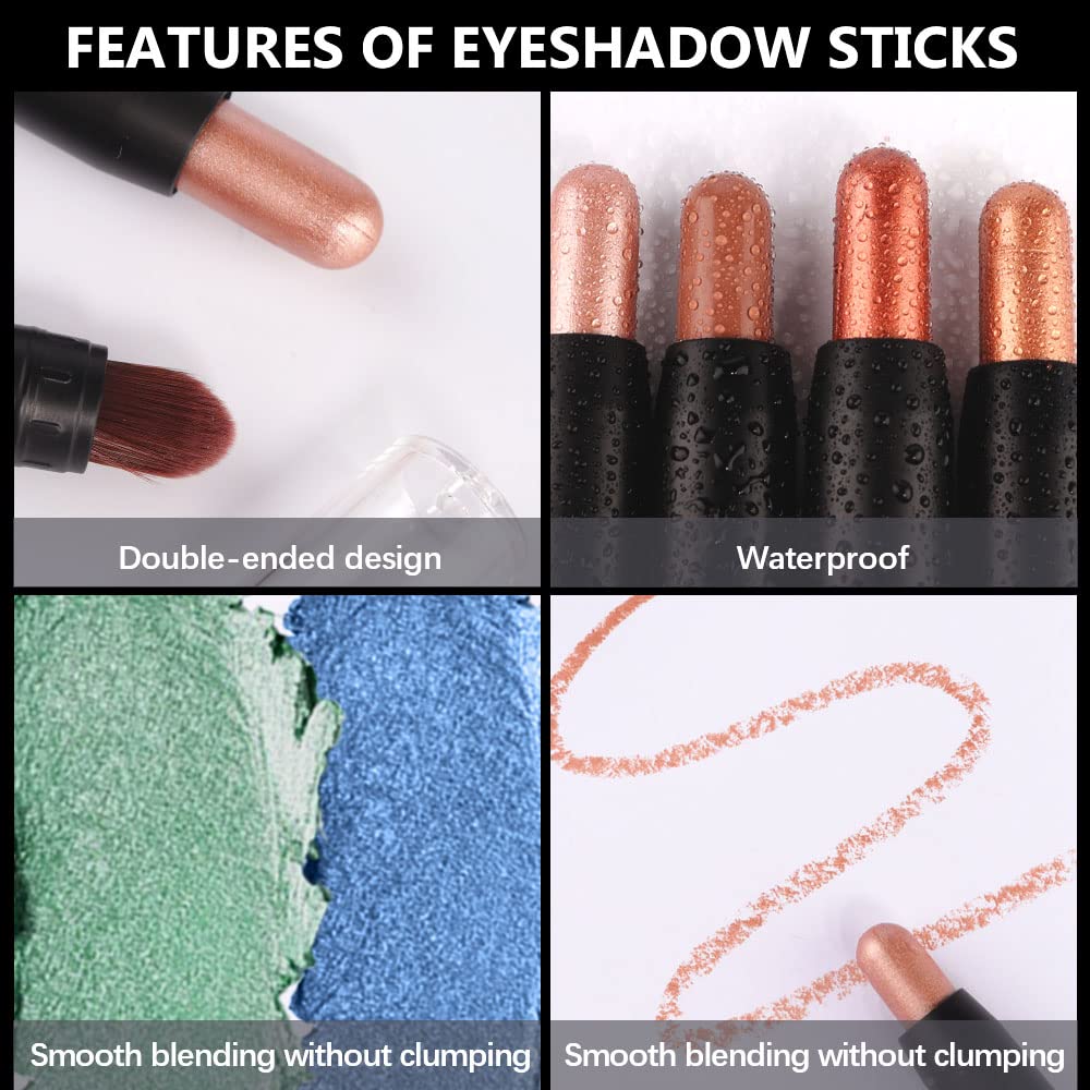 2Pcs Shimmer Cream Eyeshadow Stick,Blue Green Eye Brightener Highlighter Eye Shadow Stick Sets,Long Lasting Waterproof Smudge Proof EyeShadow Cream Makeup,Vegan Eyeshadow Pencil Crayon With Soft Brush
