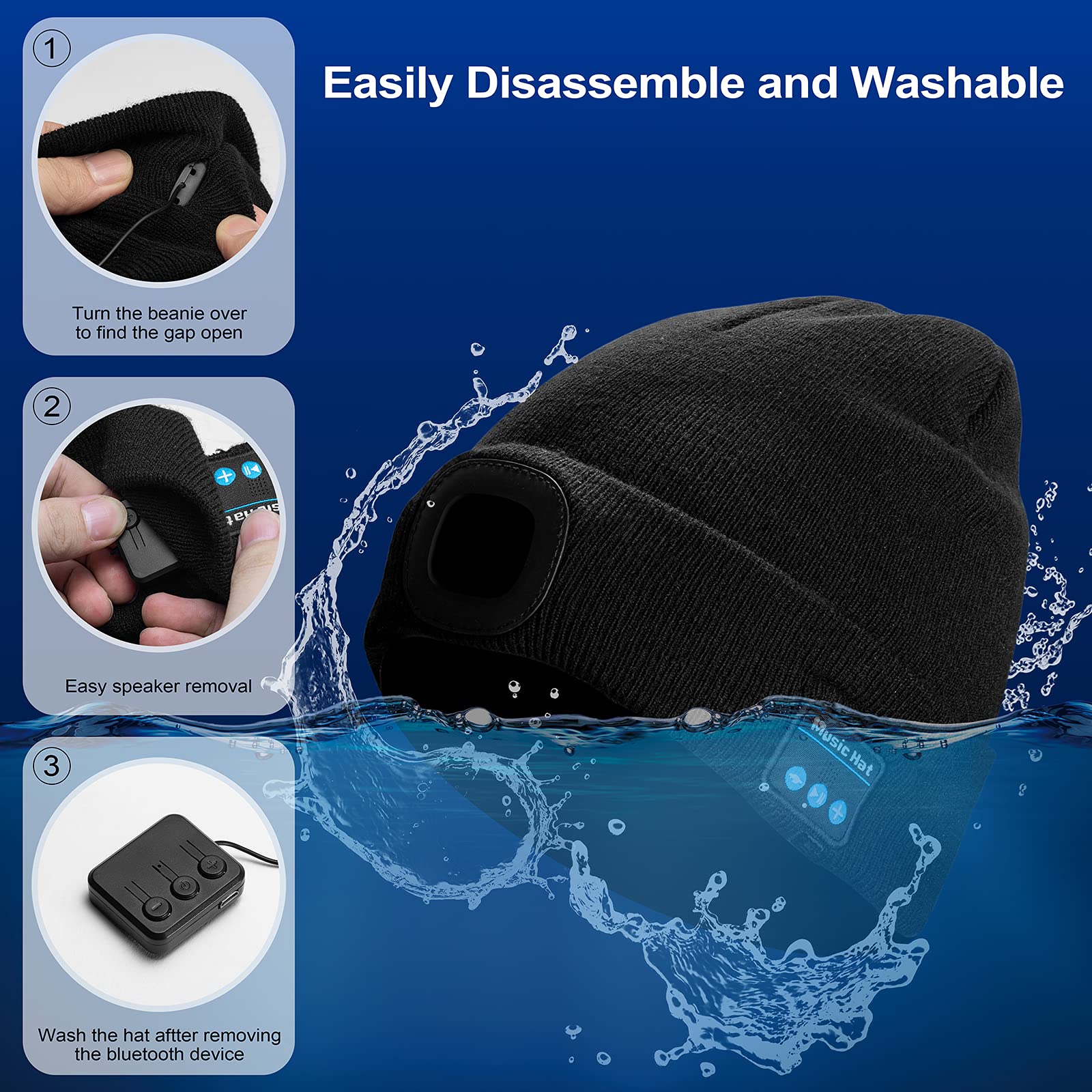 Tutuko Unisex Bluetooth Beanie Hat with Light, Built-in Speaker Mic, Headlamp Cap with Headphones, Tech Gift for Men Women Black…