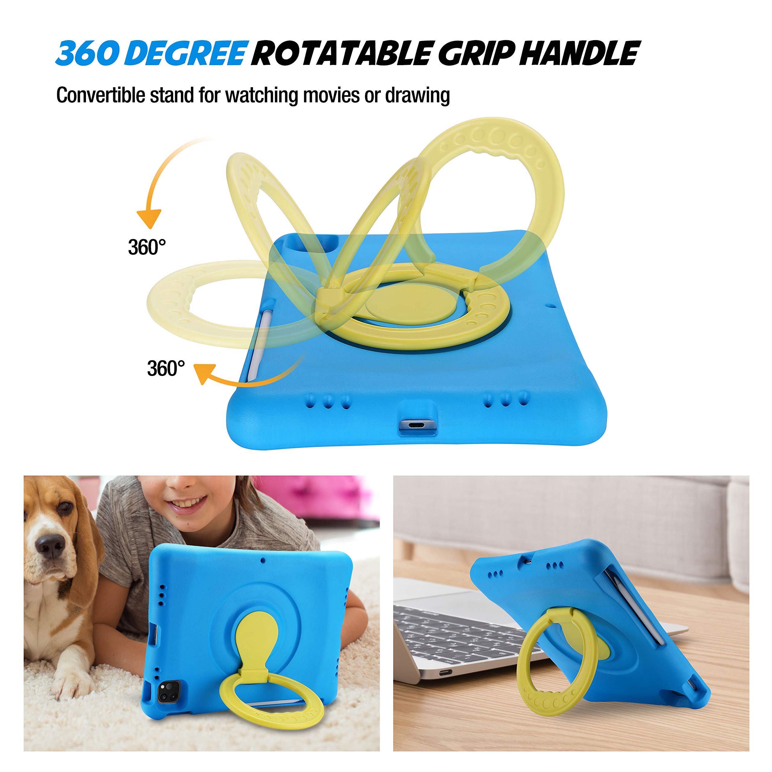 ProCase Kids Case for iPad Air 10.9" 5th Gen 2022/4th Gen 2020/iPad Pro 11 2020/2018, Shockproof Rotate Handle Fold Stand Lightweight Kids Friendly Case –Blue