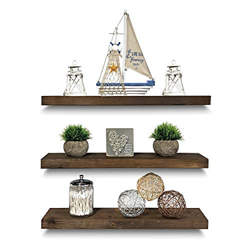 Mark One Home Goods Rustic Farmhouse 3 Tier Justified Floating Wood Shelf - Floating Wall Shelves (Set of 3), Hardware and Fasteners Included (Walnut, 24")