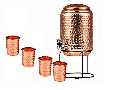 Pure Copper Hammered Water Dispenser Storage Water Tank with Tap and Set of 4 Copper Glass | Water Pot | Copper Water Storage Tank | 6.5 LTR Capacity | 218 Oz