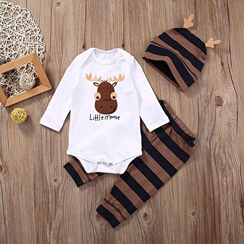 Autumn Winter Newborn Baby Boys Girls Tops Moose Romper Pants Hat Outfits Set Cute Clothes 3Pcs (0-6 Months, White+Brown)