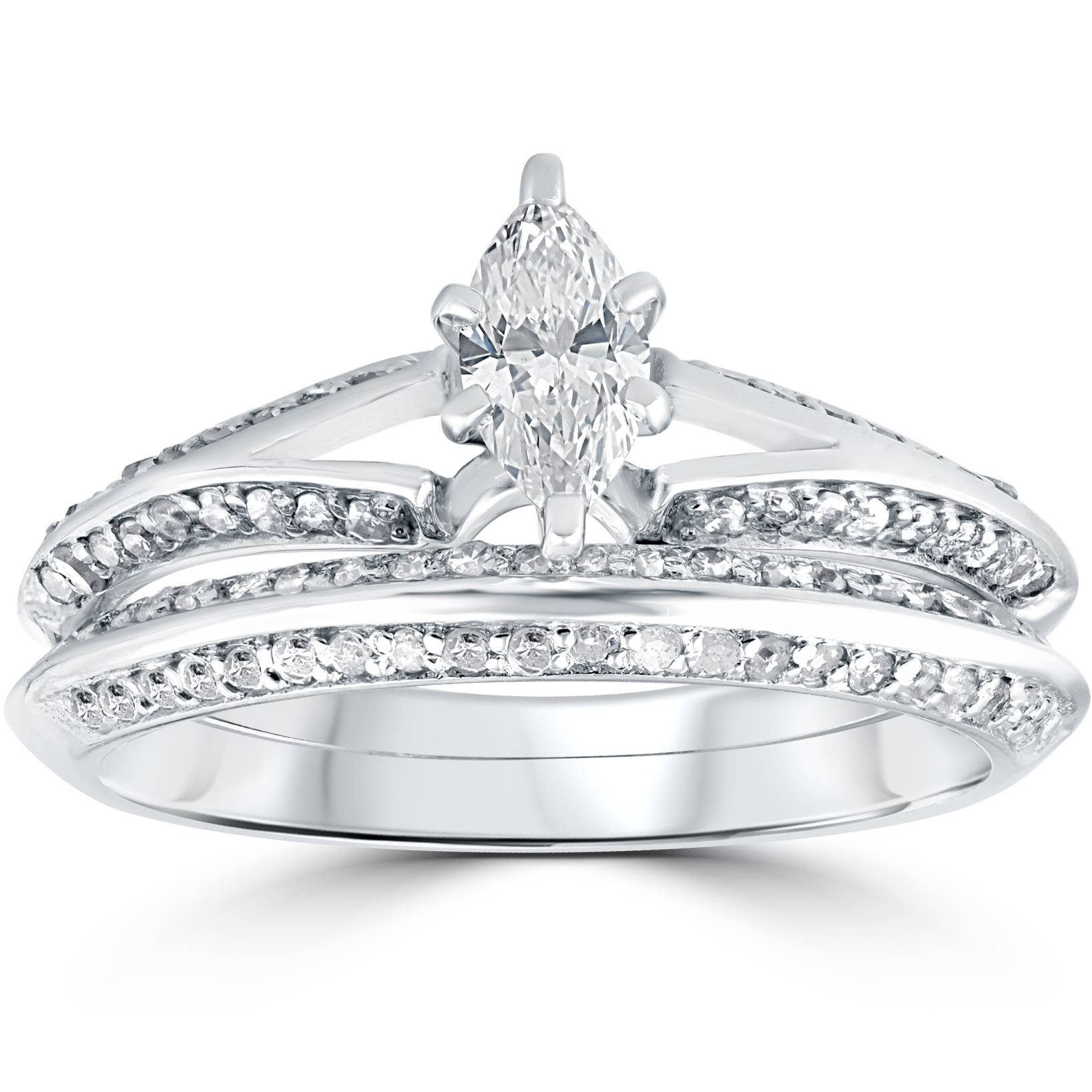 3/4 ct Marquise Diamond Engagement Wedding Ring Set 14k White Gold - Size 5.5