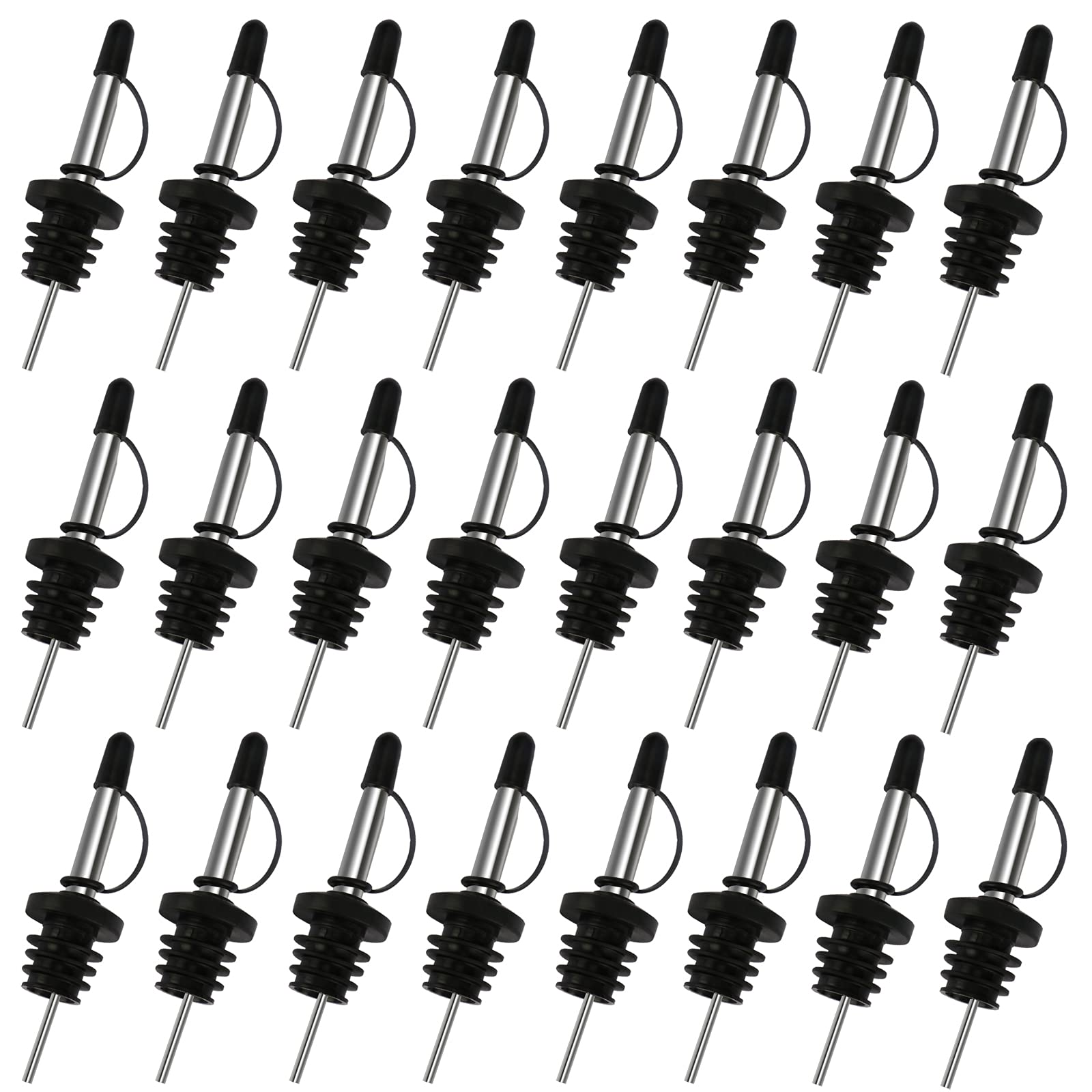 24 Pack Liquor Bottle Pourers, Stainless Steel Olive Oil Dispenser Spout, Olive Oil Spout with Siamese Rubber Dust Caps, Bottle Pourers for Pouring Liquids, Wine, Olive Oil, Vinegar, Syrup