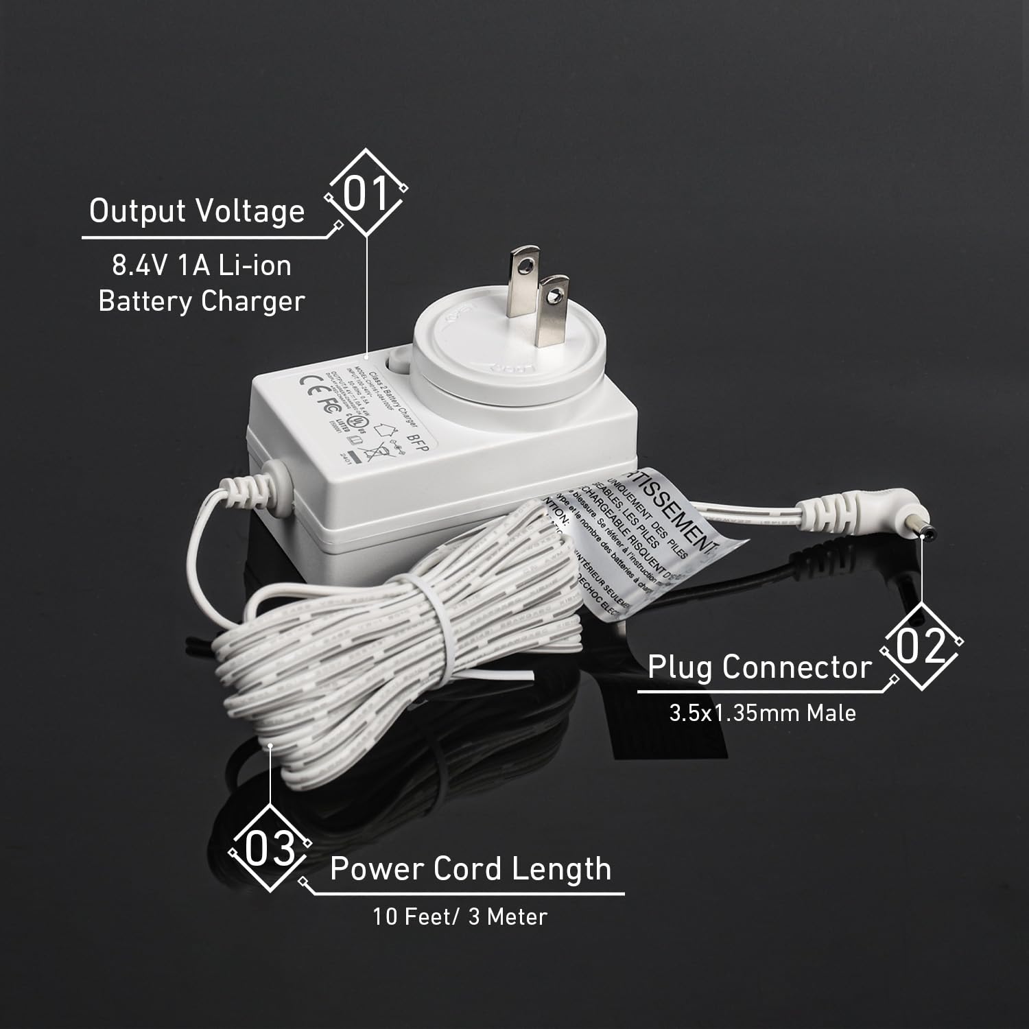 Rollerhouse 8.4V 1A Li-ion Battery Charger Power Adapter for 7.2V,7.4V 8.4V Device, with LED Indicator 3.5x1.35mm Male Plug Connector, L=118", White