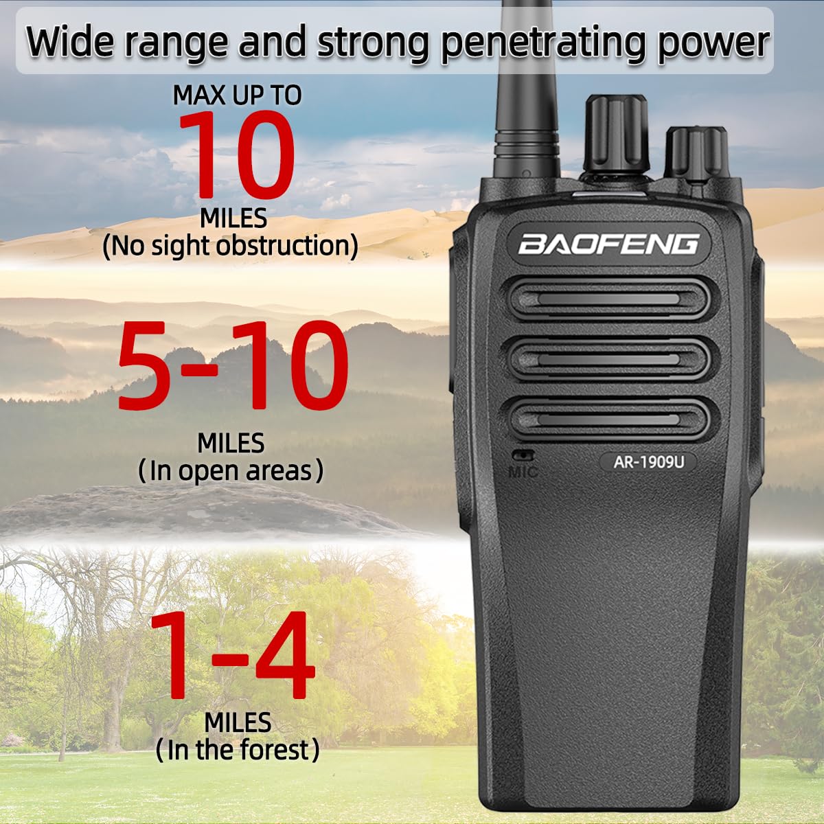2Pack Baofeng AR-1909U Powerful Walkie Talkie Long Distance Ham Radio Handheld Portable Two Way Radio with AR-771 Antenna Type-C Charging Cable