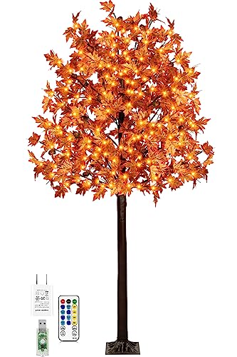 7FT 170 LED Lighted Maple Tree - Thanksgiving Decor Artificial Fall Tree with 17 Branches, 17 Acorns 340 Leaves, Remote 8 Flashing Modes, Timing, DC 5V Safe for Outdoor Wedding Party Autumn Decor…