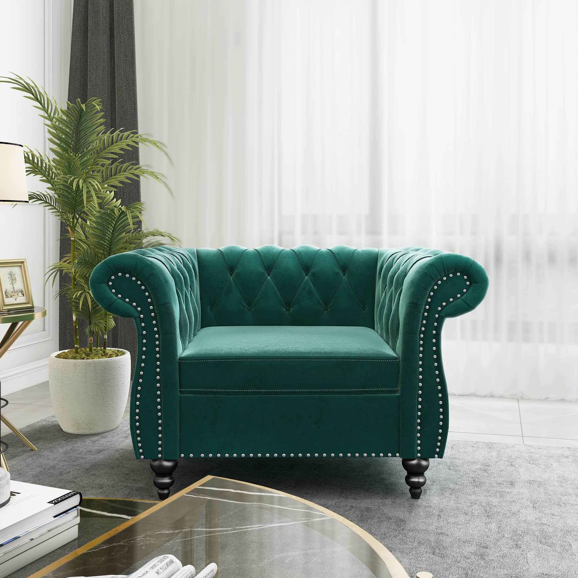 3 Piece Living Room Set, Velvet Chesterfield Sofa Loveseat Couch Chair with Scroll Arms and Nailhead for Living Room, Office (Green)