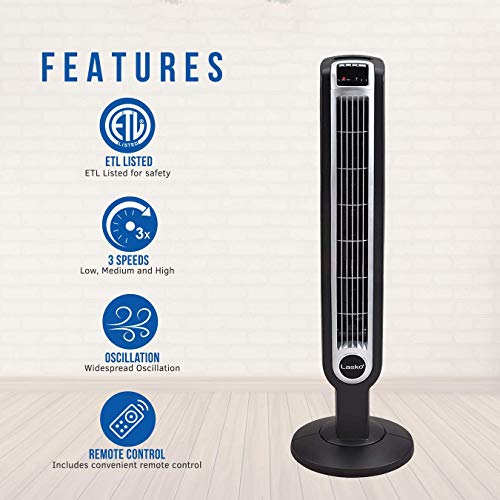 Lasko Oscillating Tower Fan, Remote Control, 3 Speeds, for Bedroom, Kitchen, Office, 36", Black, 2511 and Febreze AIR Effects Air Freshener Linen & Sky, 8.8 oz (Pack of 6)
