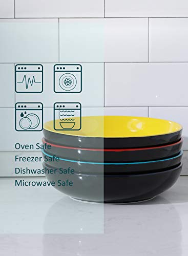 Teocera Pasta Bowls, Large Salad Bowls, Porcelain Bowl Set, Wide and Shallow, Microwave and Dishwasher Safe, 35 Ounce - Set of 4, Black Multi Color