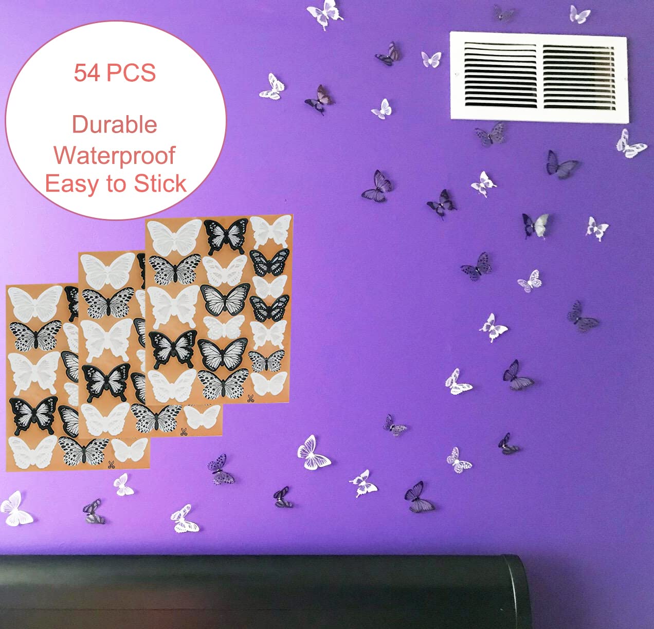 54 PCS Butterfly Wall Stickers, 3D Butterflies Decor Crystal Butterfly Decals for Removable Mural Stickers Home Kids Bedroom Nursery Decoration Black White