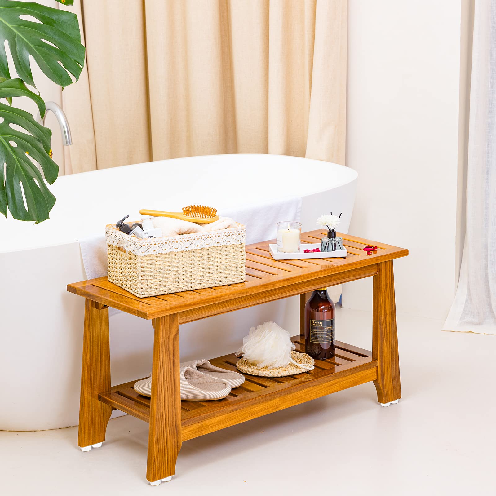 24" Teak Shower Bench with Shelf/Shower Benches for Inside Shower/Teak Shower Seat/Bathroom Bench/Teak Wood Benches for Showers/for Spa, Showers, Pools and Other Wet Environments,Patented Designs.