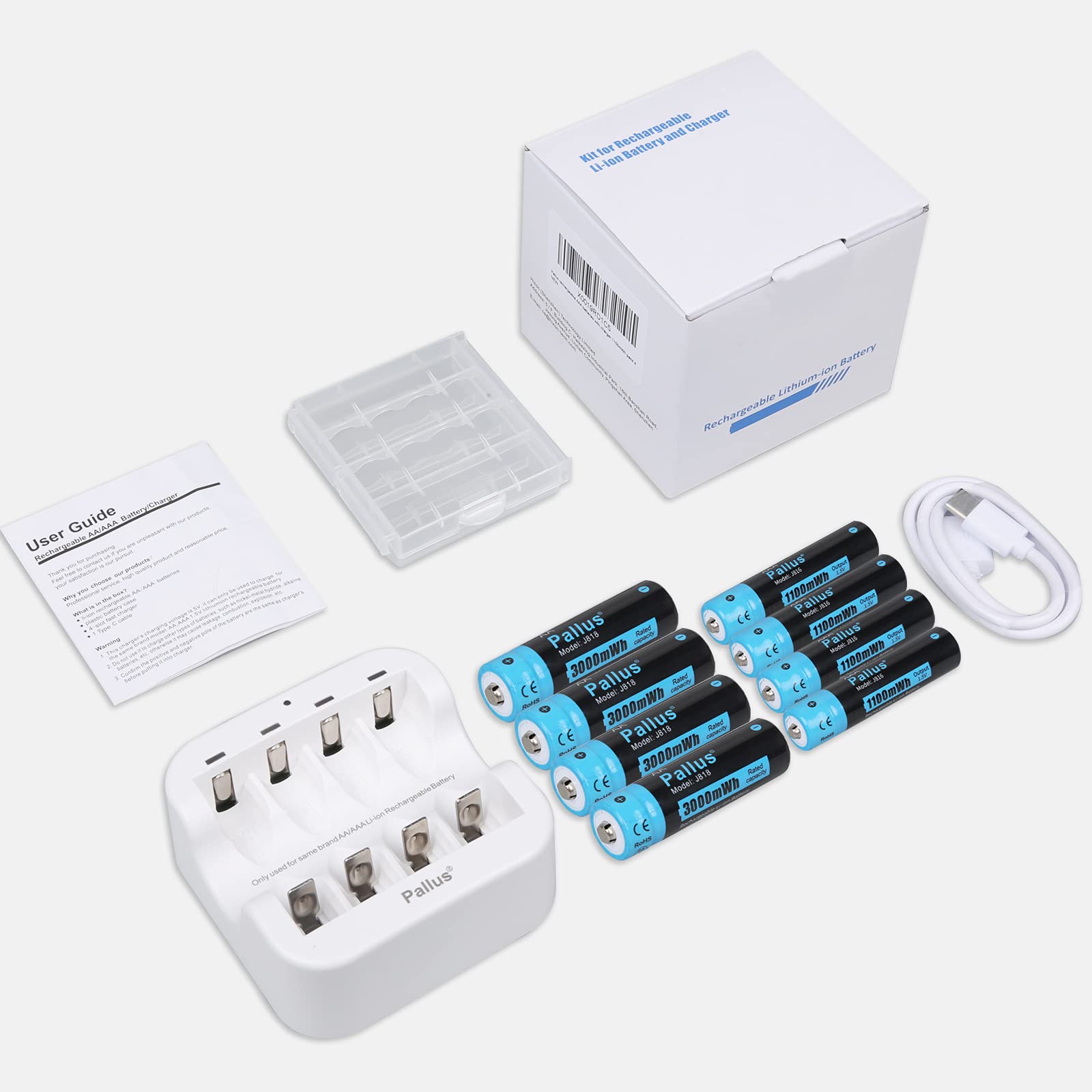 Rechargeable AA AAA Lithium Batteries, 4 Pack 3000mWh Li-ion AA Batteries and 4 Pack 1100mWh AAA Lithium Batteries with Fast Charger