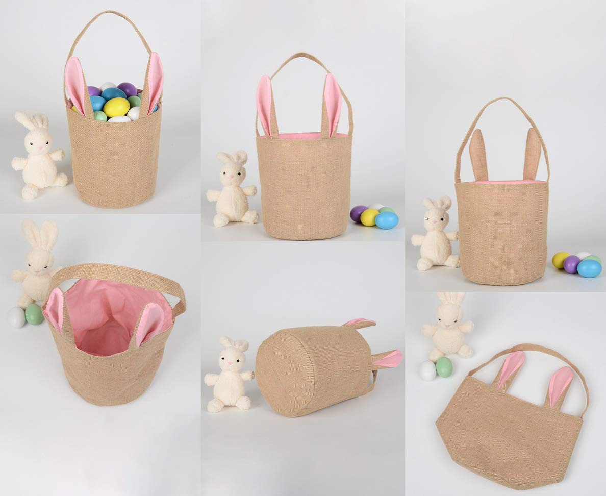 KEFAN 3 Pack Easter Bunny Baskets Jute Burlap Easter Bags with Ears Stand Up 8 x 8 x 9 Inch