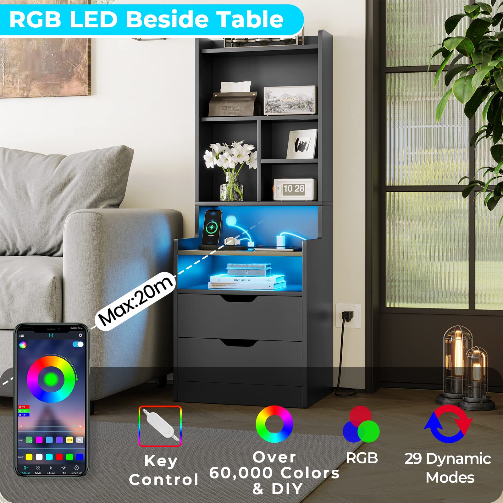 ADORNEVE Tall Night Stand with Charging Station and LED Lights,Nightstand with Bookshelf,Bedside Table with Drawers & Power Outlets,End Side Table for Bedrooms (Black)