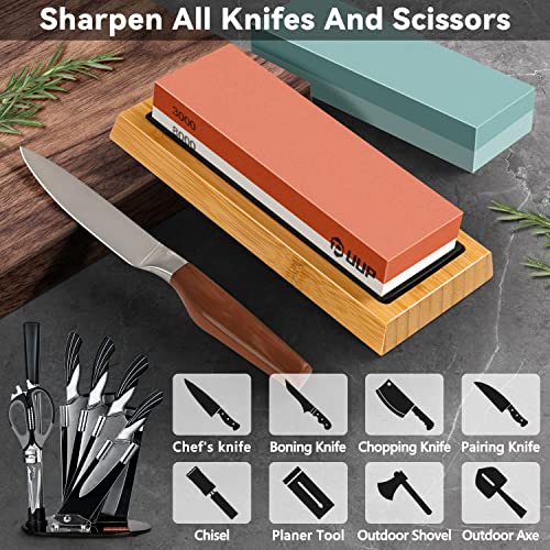 7PCS Knife Sharpening Stones, UUP Whetstone Sharpener Kit with Premium 4 Sides 400/1000 3000/8000 Grit Wet Stone Set, Leather Strop, Angle Guide, Flattening Stone for Kitchen Pocket Knives, Blade