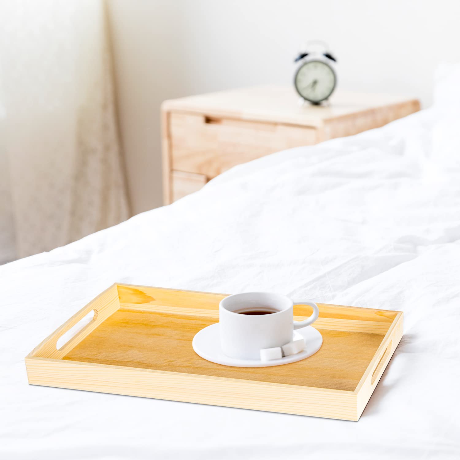 7PCS Wooden Nested Serving Trays Set - Rectangular Shape Unfinished Wood Kitchen Nesting Food Trays with Handle for Coffee, Serving Pastries, Snacks, Chocolate, Craft and Decor