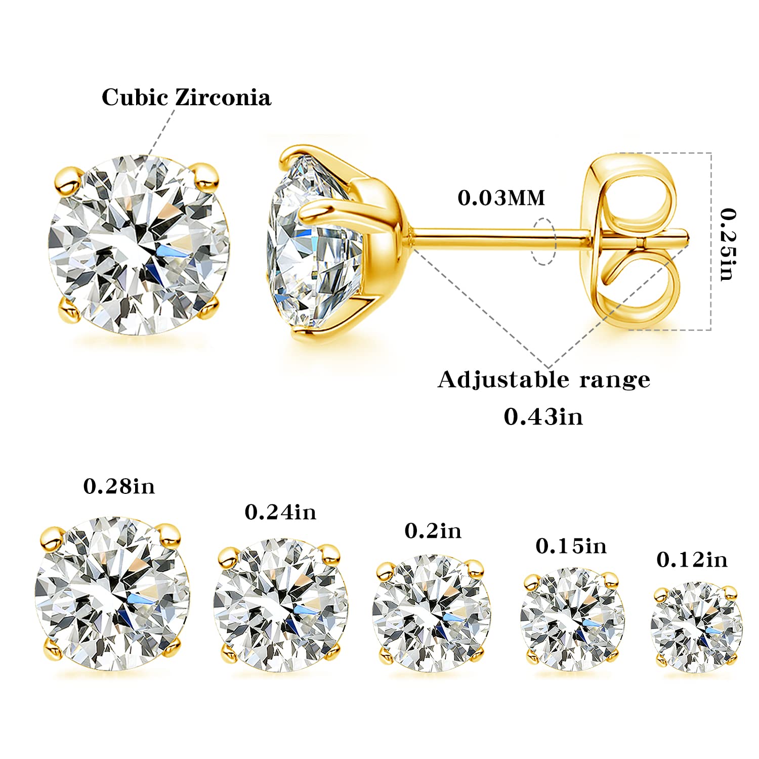 18K White Gold Plated Round Cut Cubic Zirconia Stud Earrings Sets for Women and Men 5 Pairs 3-7mm