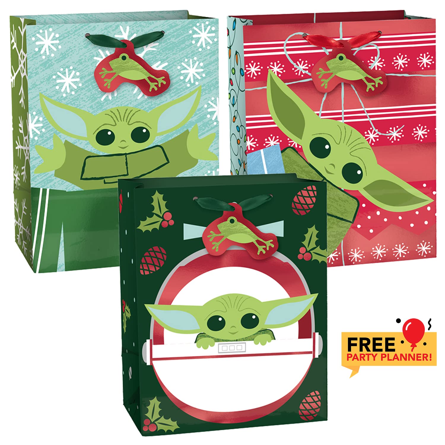 Amscan Star Wars Mandalorian The Child Party Bags 9" | 3 Count Giftbag for Holiday Christmas Gifts Set | Wrapping Presents Supplies & Disposable Decorations