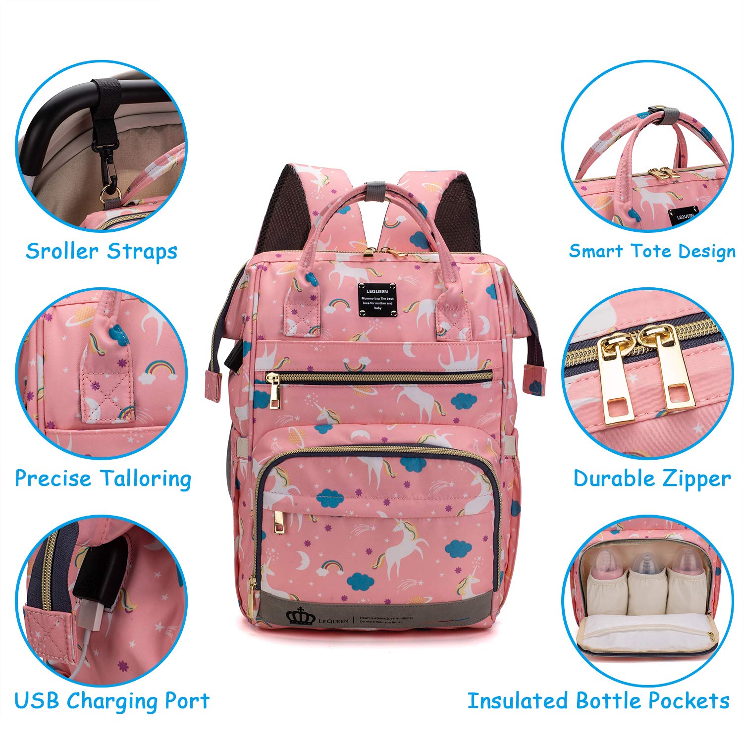 LEQUEEN Diaper Bag Backpack, Unicorn Multifunction Travel Back Pack Maternity Baby Changing Bags (Pink)