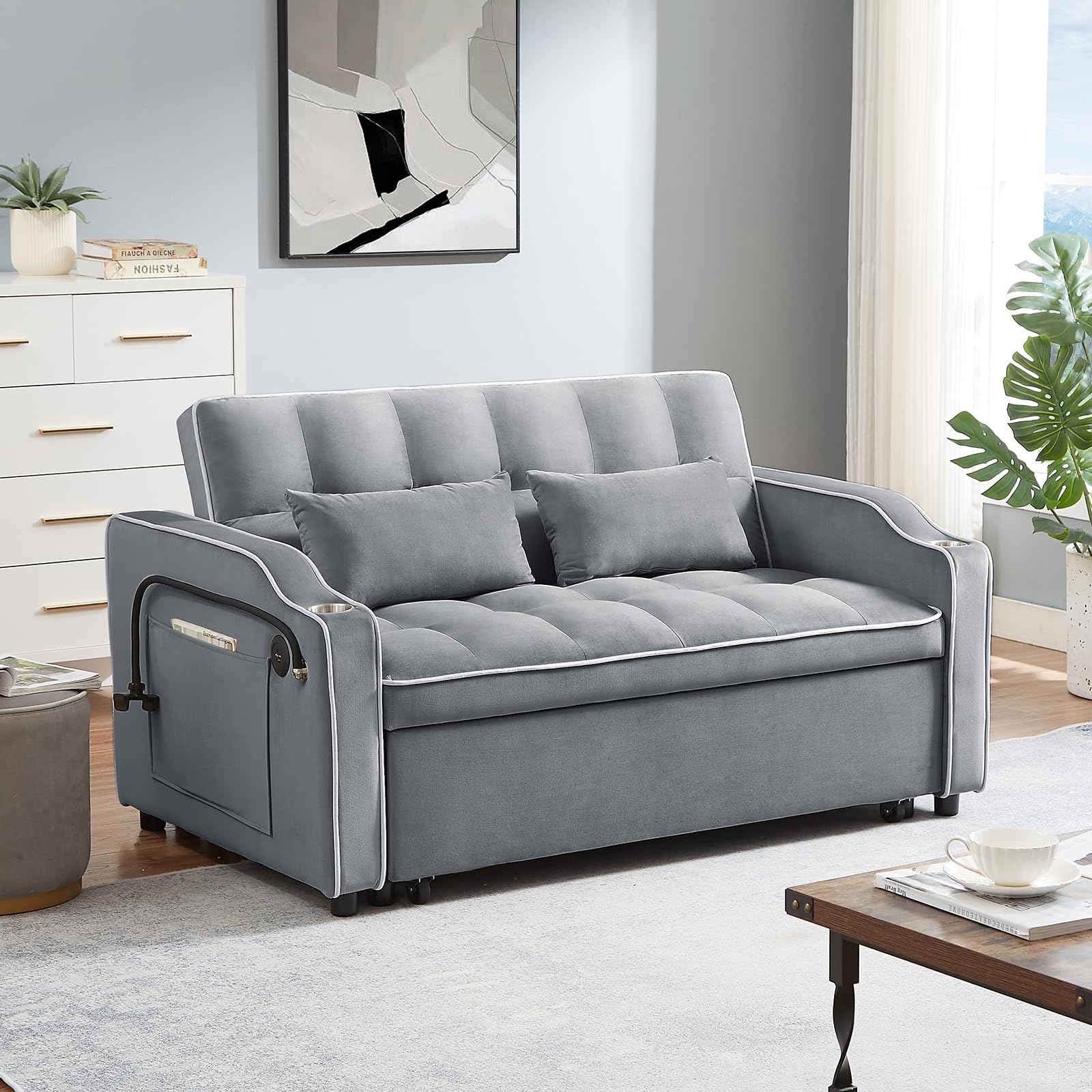 KINFFICT Pull Out Sofa Bed with Phone Holder, Convertible Velvet Loveseat Sleeper with USB Charging Ports, Futon Couch with Cup Holders and Adjustable Backrest, Dark Grey