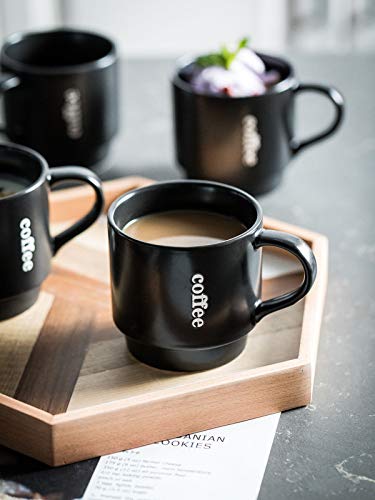 LAUCHUH Stackable Coffee Mug Set with Rack - 15 Ounce for Coffee, Tea, Cocoa, Milk, Set of 4, Father Day Gifts, Black Matte,Black