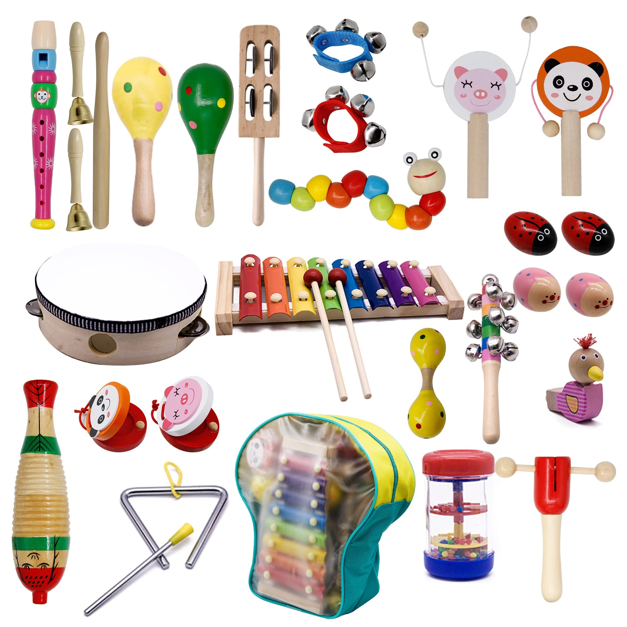 ATDAWN Kids Musical Instruments, 15 Types 22pcs Wood Percussion Xylophone Toys for Boys and Girls Preschool Education with Storage Backpack
