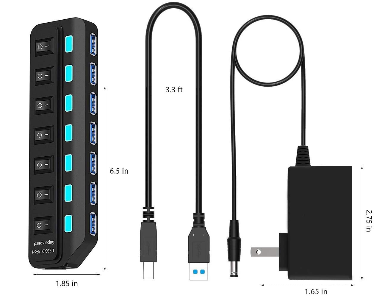 USB Hub 3.0 Powered, Zouhi USB hub 7 Port 3.0 Data Hub Splitter with 5V/2A Power Adapter and with Individual On/Off Switches/Power LED / 3.3ft/1m Long Cable for Mac Pro, MacBook Pro and More