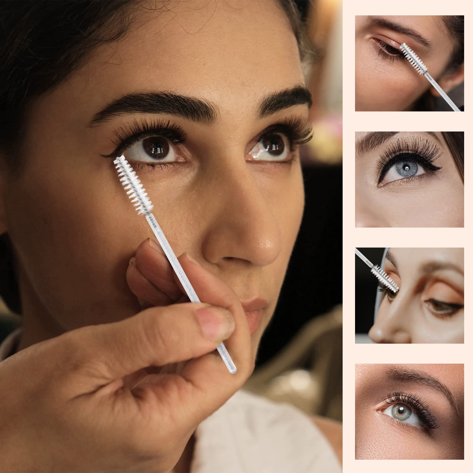 300 Pcs Disposable Mascara Wands, Crystal Spoolies Brush for Eyelash Extensions, Spooly Eyelash Eyebrow Brushes Lash Wand Applicator Makeup Kits (White)