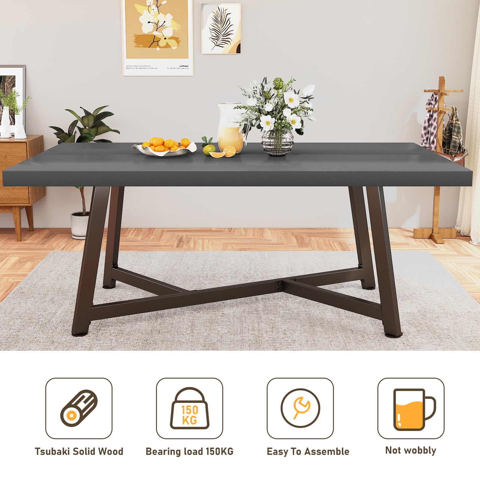 2024 New Large 72IN Solid Wood Dining Table for 6 8 10 People,Modern 6FT Waterproof Rectangular Kitchen Tables w/Anti-Rust&Adjustable Metal Leg,Grey Industrial Desk for Dining Room Farmhouse Office