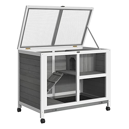PawHut Indoor Rabbit Hutch with Wheels, Desk and Side Table Sized, Wood Rabbit Cage, Waterproof Small Rabbit Cage, Gray