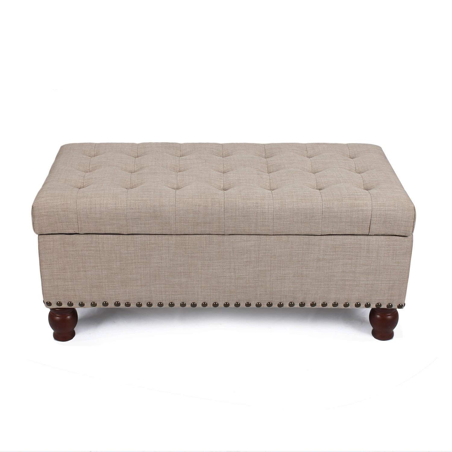 Adeco Rectangular Storage Ottoman Tufted Lift Top Bench Footstool with Sturdy Legs (Beige-2)