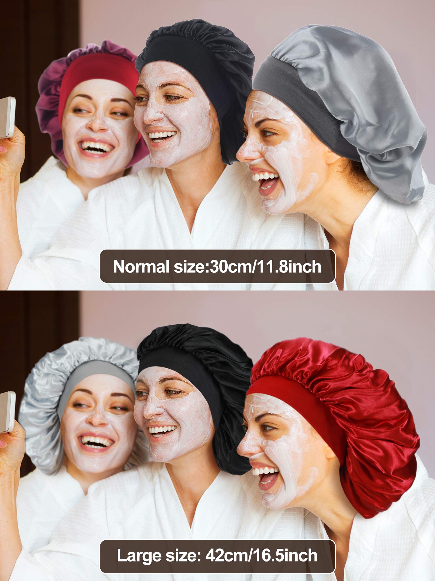 3 Pieces Satin Sleep Cap Elastic Wide Band Hat Night Sleeping Head Cover for Good Sleeping (Silver, Black, Wine Red, Medium)