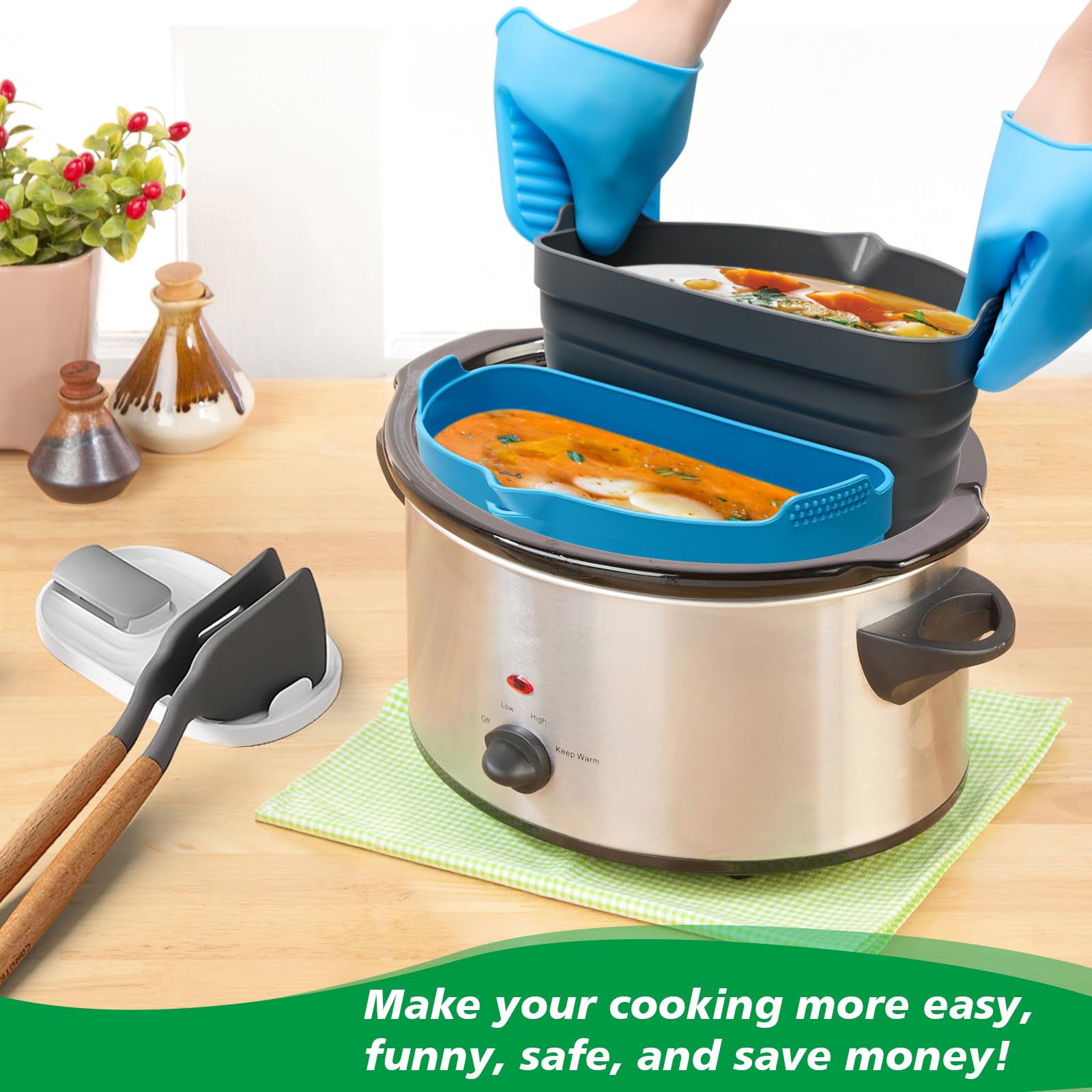 6 Pack Silicone Cooker Liners Set, Slow Cooker Pot Liner for 6-8QT Crock Pot, Contain 1 PCS Integrated Pot Mat, 2 PCS Divider Liners, 1 PCS Plastic Utensil Cradle, 2 PCS Silicone Hand-Clips
