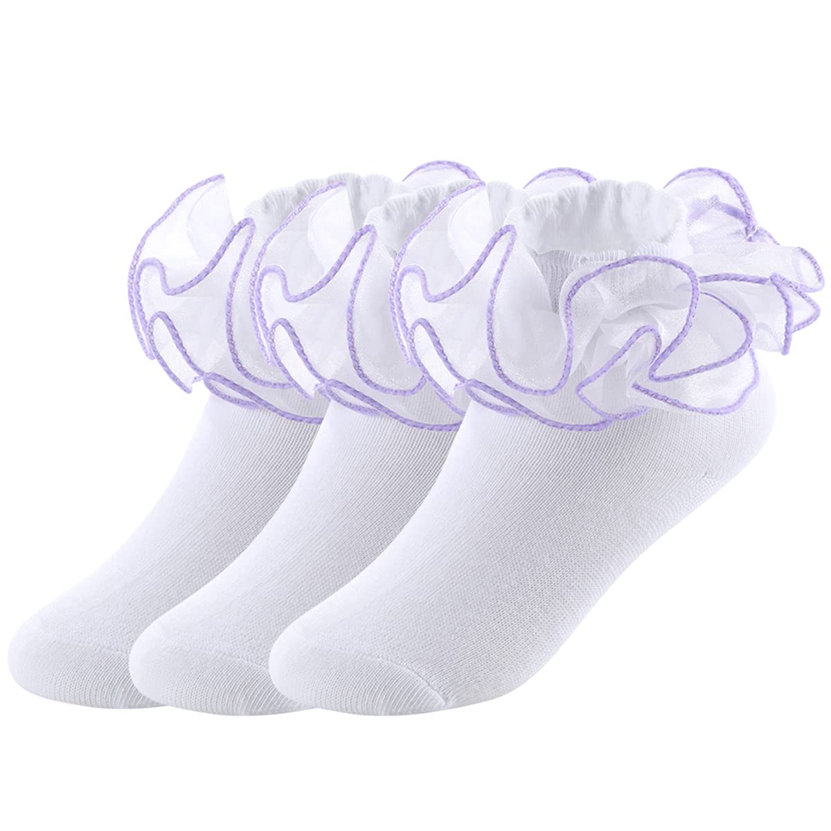 Yepami Big Girls Lace Socks Shimmering Cute Ruffle Comfortable Frilly Dress Ankle Socks 3 Pairs (Purple, Medium, 5_years)